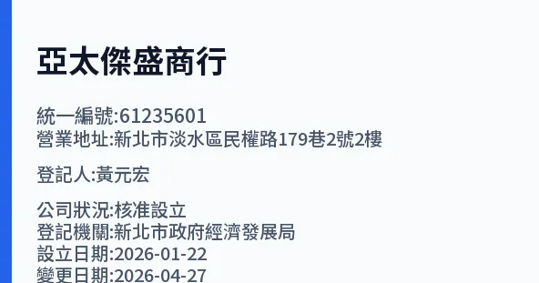 亞太傑盛商行的照片-統編 61235601(新北市) 公司登記資料與營業項目詳細圖表