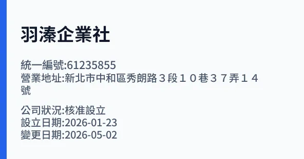羽溱企業社的照片-統編 61235855(新北市) 公司登記資料與營業項目詳細圖表