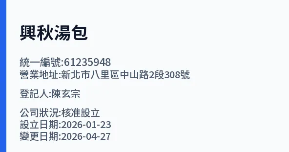 興秋湯包的照片-統編 61235948(新北市) 公司登記資料與營業項目詳細圖表