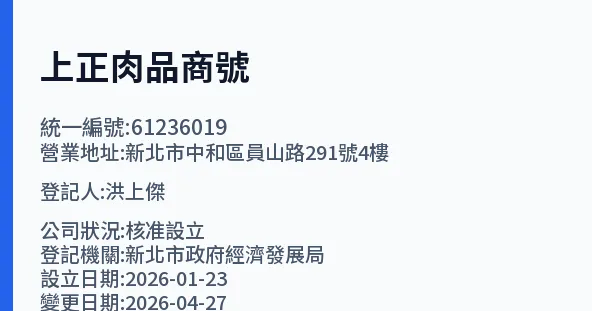 上正肉品商號的照片-統編 61236019(新北市) 公司登記資料與營業項目詳細圖表