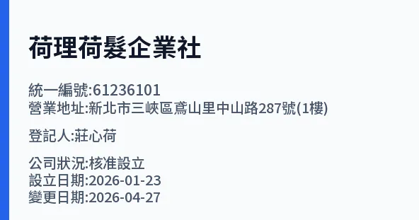 荷理荷髮企業社的照片-統編 61236101(新北市) 公司登記資料與營業項目詳細圖表