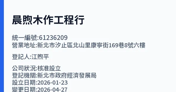 晨煦木作工程行的照片-統編 61236209(新北市) 公司登記資料與營業項目詳細圖表