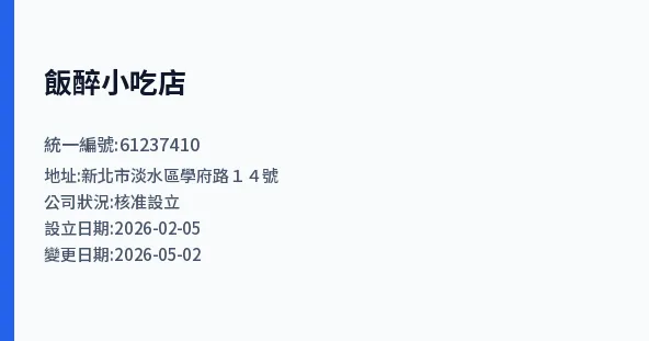 飯醉小吃店的照片-統編 61237410(新北市) 公司登記資料與營業項目詳細圖表