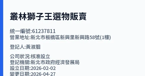 叢林獅子王選物販賣的照片-統編 61237811(新北市) 公司登記資料與營業項目詳細圖表