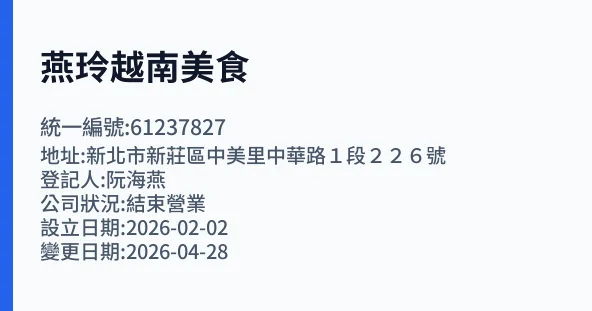 燕玲越南美食的照片-統編 61237827(新北市) 公司登記資料與營業項目詳細圖表