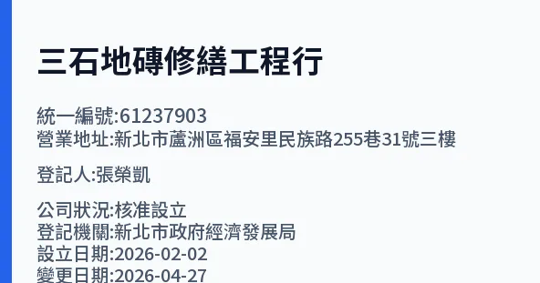三石地磚修繕工程行的照片-統編 61237903(新北市) 公司登記資料與營業項目詳細圖表