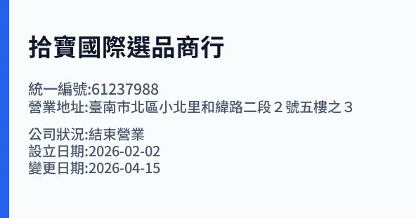 拾寶國際選品商行的照片-統編 61237988(臺南市) 公司登記資料與營業項目詳細圖表