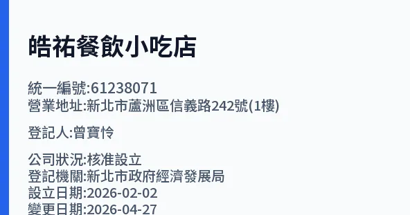 皓祐餐飲小吃店的照片-統編 61238071(新北市) 公司登記資料與營業項目詳細圖表