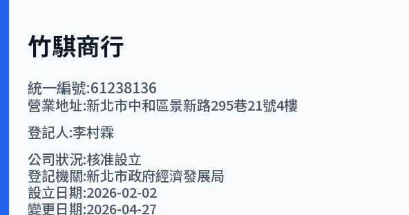 竹騏商行的照片-統編 61238136(新北市) 公司登記資料與營業項目詳細圖表