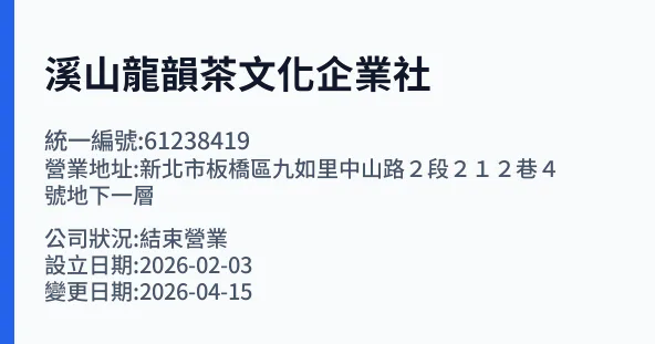 溪山龍韻茶文化企業社的照片-統編 61238419(新北市) 公司登記資料與營業項目詳細圖表