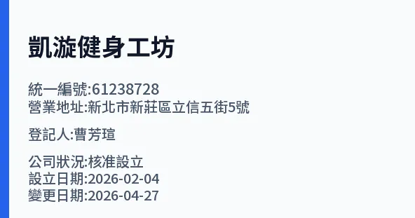 凱漩健身工坊的照片-統編 61238728(新北市) 公司登記資料與營業項目詳細圖表