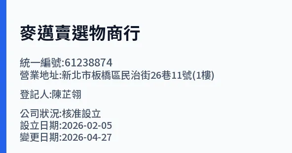 麥邁賣選物商行的照片-統編 61238874(新北市) 公司登記資料與營業項目詳細圖表