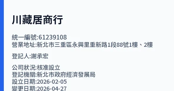 川藏居商行的照片-統編 61239108(新北市) 公司登記資料與營業項目詳細圖表