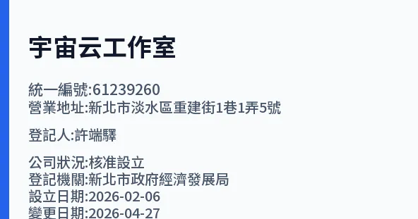 宇宙云工作室的照片-統編 61239260(新北市) 公司登記資料與營業項目詳細圖表
