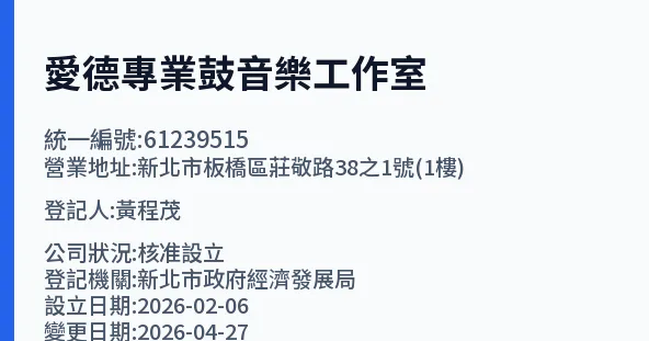 愛德專業鼓音樂工作室的照片-統編 61239515(新北市) 公司登記資料與營業項目詳細圖表