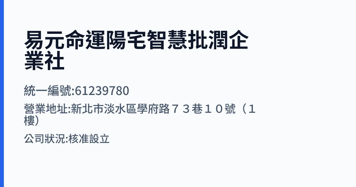 易元命運陽宅智慧批潤企業社 - 統編 61239780(新北市) 公司登記資料與營業項目詳細圖表