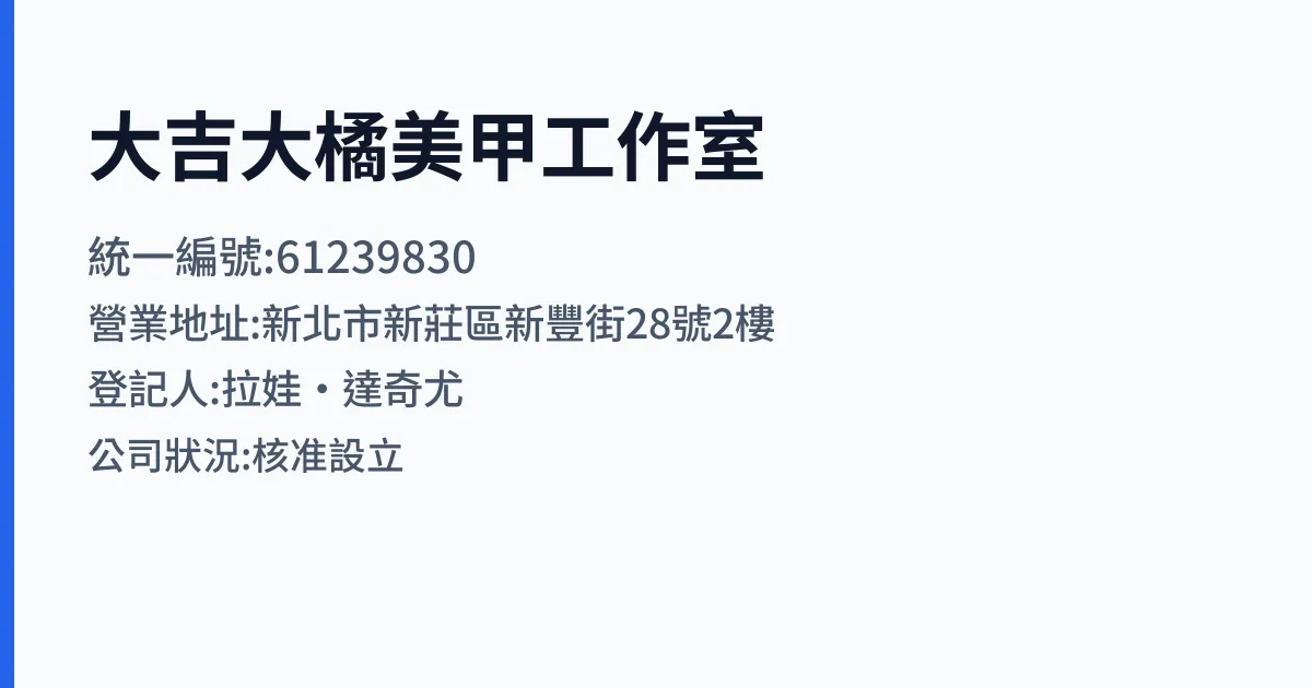 大吉大橘美甲工作室 - 統編 61239830(新北市) 公司登記資料與營業項目詳細圖表