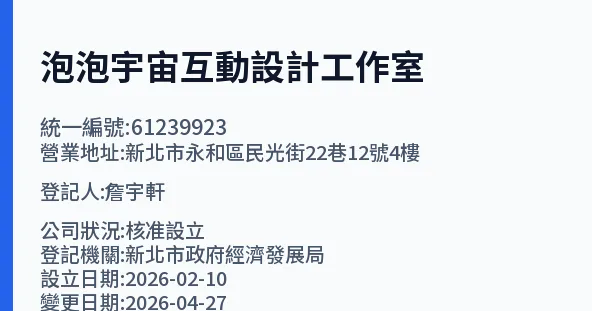 泡泡宇宙互動設計工作室的照片-統編 61239923(新北市) 公司登記資料與營業項目詳細圖表