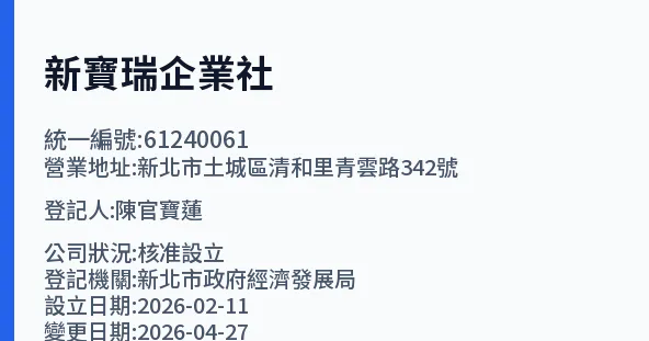 新寶瑞企業社的照片-統編 61240061(新北市) 公司登記資料與營業項目詳細圖表