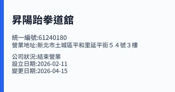昇陽跆拳道舘的照片-統編 61240180(新北市) 公司登記資料與營業項目詳細圖表