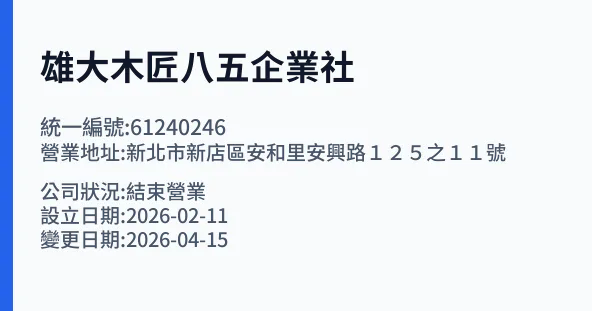 雄大木匠八五企業社的照片-統編 61240246(新北市) 公司登記資料與營業項目詳細圖表