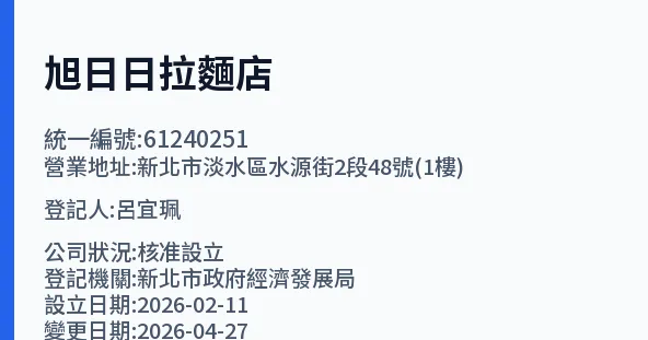 旭日日拉麵店的照片-統編 61240251(新北市) 公司登記資料與營業項目詳細圖表