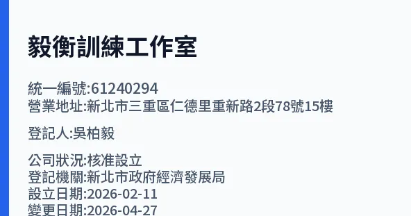毅衡訓練工作室的照片-統編 61240294(新北市) 公司登記資料與營業項目詳細圖表