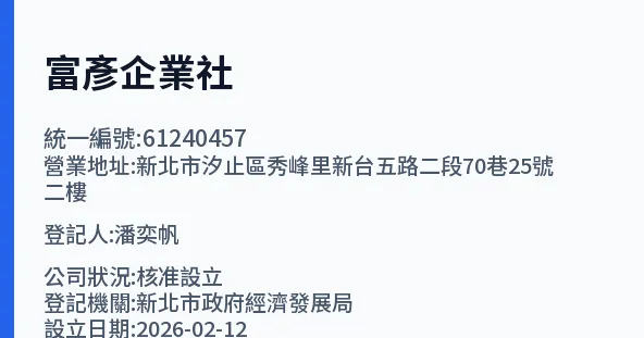 富彥企業社的照片-統編 61240457(新北市) 公司登記資料與營業項目詳細圖表
