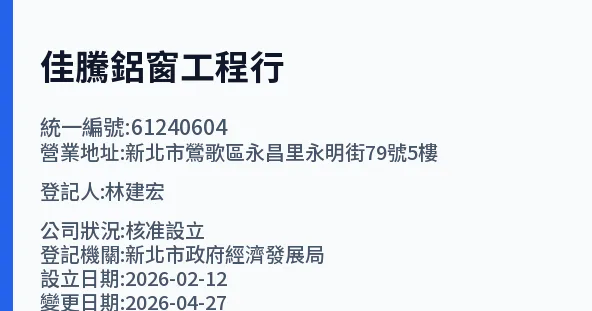 佳騰鋁窗工程行的照片-統編 61240604(新北市) 公司登記資料與營業項目詳細圖表