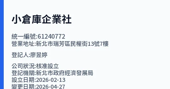 小倉庫企業社的照片-統編 61240772(新北市) 公司登記資料與營業項目詳細圖表