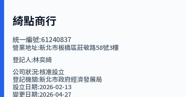 綺點商行的照片-統編 61240837(新北市) 公司登記資料與營業項目詳細圖表