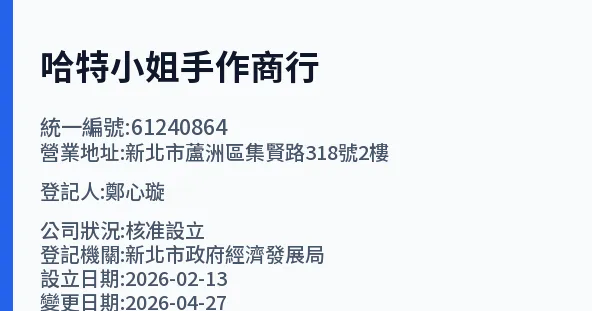 哈特小姐手作商行的照片-統編 61240864(新北市) 公司登記資料與營業項目詳細圖表