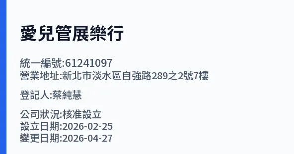 愛兒管展樂行的照片-統編 61241097(新北市) 公司登記資料與營業項目詳細圖表