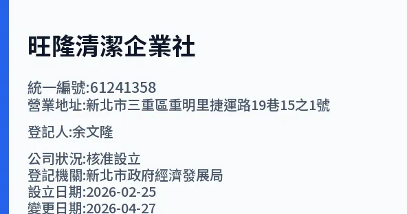 旺隆清潔企業社的照片-統編 61241358(新北市) 公司登記資料與營業項目詳細圖表