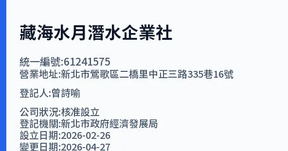 藏海水月潛水企業社的照片-統編 61241575(新北市) 公司登記資料與營業項目詳細圖表