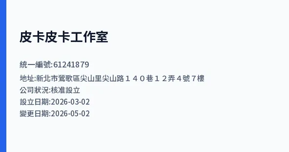 皮卡皮卡工作室的照片-統編 61241879(新北市) 公司登記資料與營業項目詳細圖表