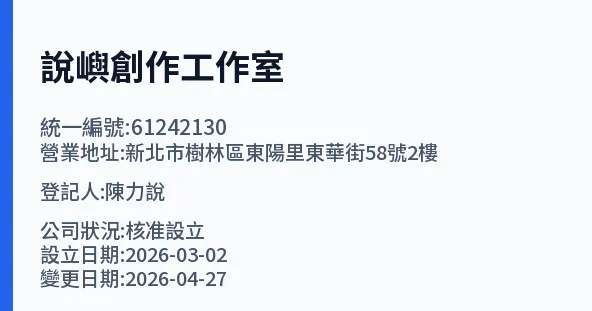 說嶼創作工作室的照片-統編 61242130(新北市) 公司登記資料與營業項目詳細圖表