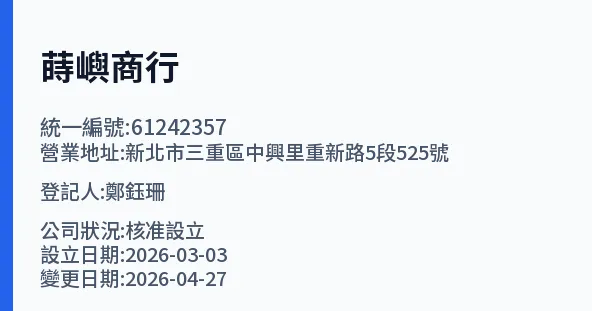 蒔嶼商行的照片-統編 61242357(新北市) 公司登記資料與營業項目詳細圖表