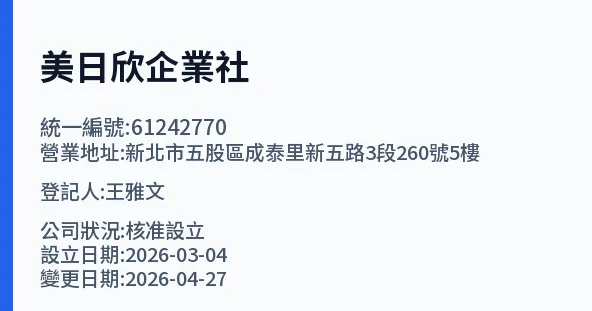 美日欣企業社的照片-統編 61242770(新北市) 公司登記資料與營業項目詳細圖表