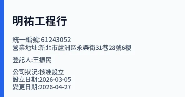 明祐工程行的照片-統編 61243052(新北市) 公司登記資料與營業項目詳細圖表