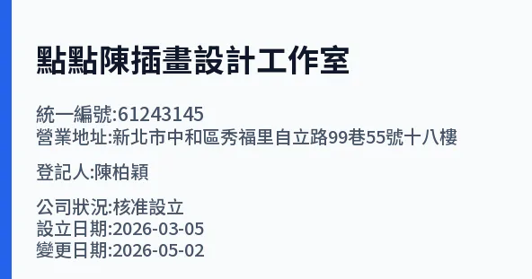 點點陳插畫設計工作室的照片-統編 61243145(新北市) 公司登記資料與營業項目詳細圖表