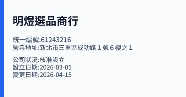 明煜選品商行的照片-統編 61243216(新北市) 公司登記資料與營業項目詳細圖表