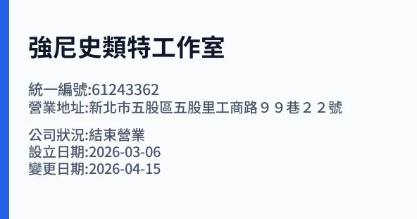 強尼史類特工作室的照片-統編 61243362(新北市) 公司登記資料與營業項目詳細圖表