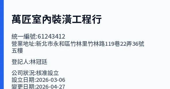 萬匠室內裝潢工程行的照片-統編 61243412(新北市) 公司登記資料與營業項目詳細圖表