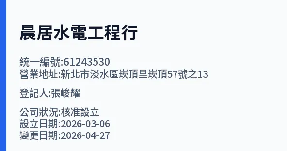 晨居水電工程行的照片-統編 61243530(新北市) 公司登記資料與營業項目詳細圖表