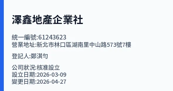 澤鑫地產企業社的照片-統編 61243623(新北市) 公司登記資料與營業項目詳細圖表