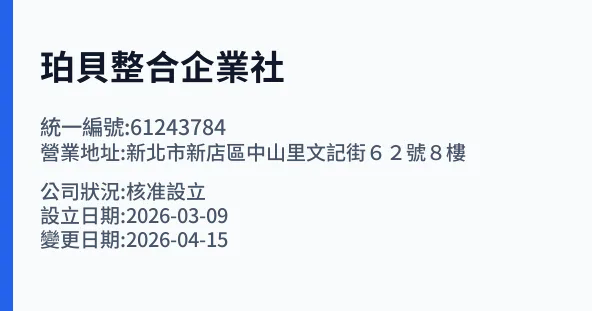 珀貝整合企業社的照片-統編 61243784(新北市) 公司登記資料與營業項目詳細圖表