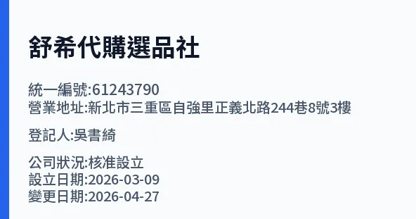 舒希代購選品社的照片-統編 61243790(新北市) 公司登記資料與營業項目詳細圖表