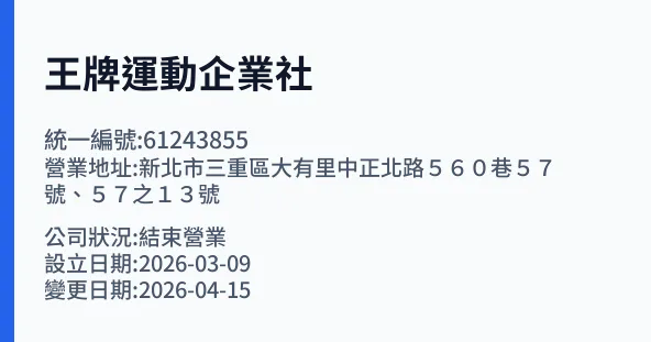 王牌運動企業社的照片-統編 61243855(新北市) 公司登記資料與營業項目詳細圖表