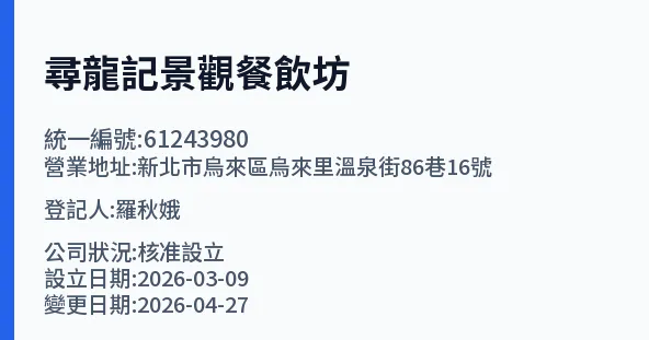 尋龍記景觀餐飲坊的照片-統編 61243980(新北市) 公司登記資料與營業項目詳細圖表